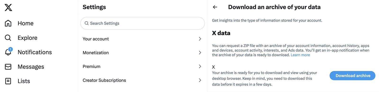 How to download Twitter archive directly from Twitter / X